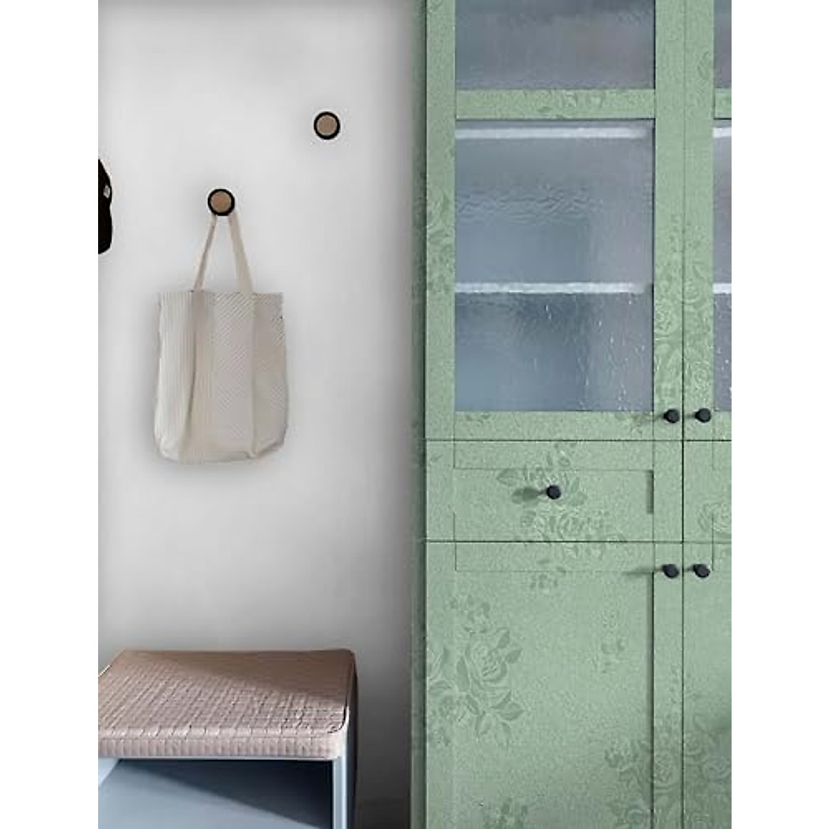 Dimoon Wallpaper 78.7"x17.3" Thicken Embossed Floral Stick and Peel Wallpaper Green Flower Stick Peel Contact Paper Solid Pure Waterproof Green Adhesive Wallpaper Removable Shelf Vinyl Roll