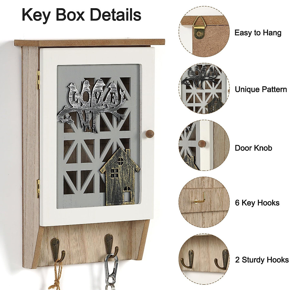 AHUONEL Wooden Key Holder for Wall Key Cabinet, Decorative Key Box Key Hooks Wall Mounted Key Hangers Key Storage Rack with 8 Hooks for Home Decor Office Entryway Hallway Bedroom Living Room