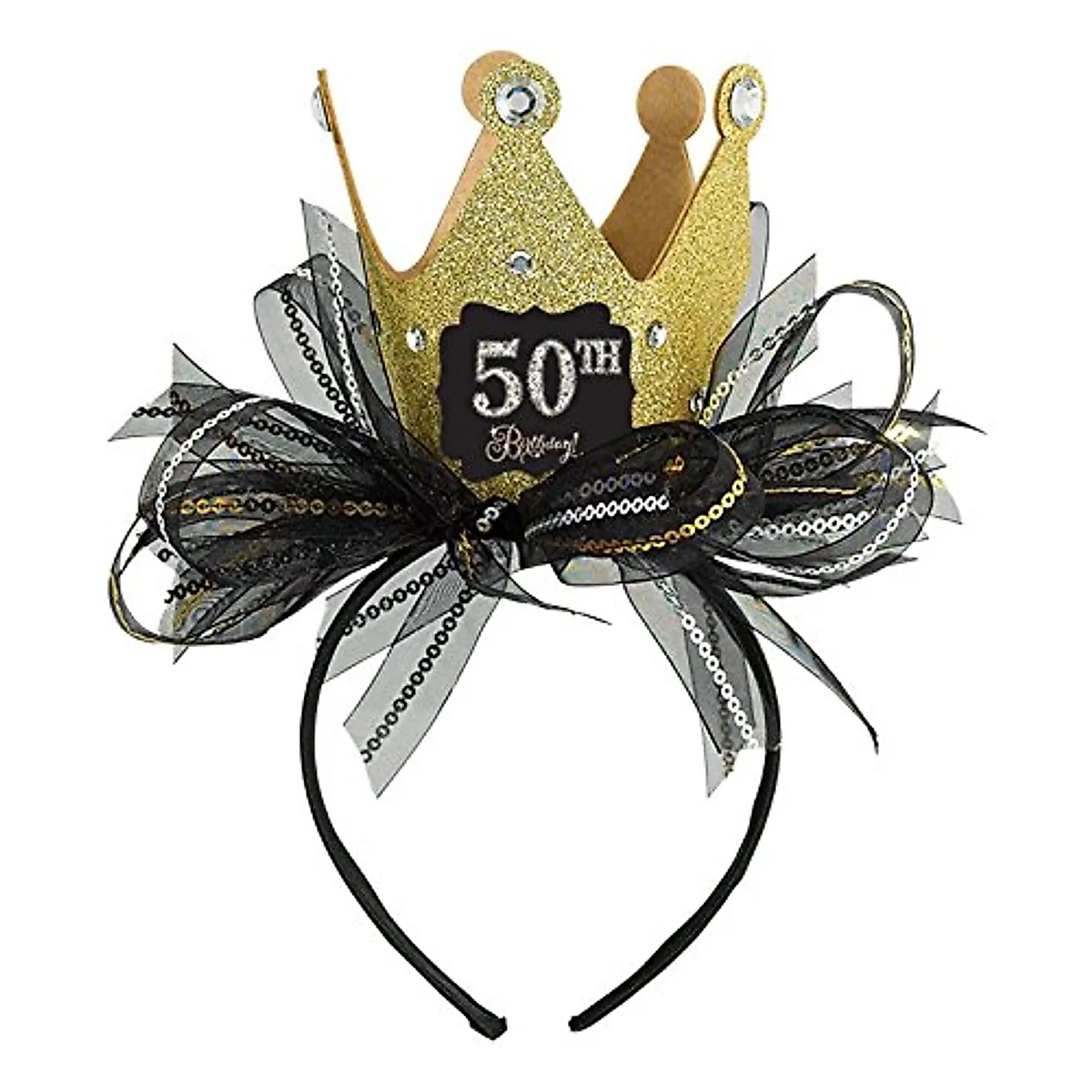 Amscan Sparkling Add Any Age Birthday Fascinator Headband, One Size, Black and Gold