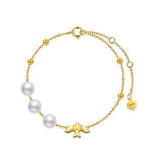 Solid 14k Gold Pearl Bracelet for Women, Simple Gold Handpicked Cultured Pearl Bracelet with Dove Jewelry for Women, Mom Wife Girlfriend, 6"-8"