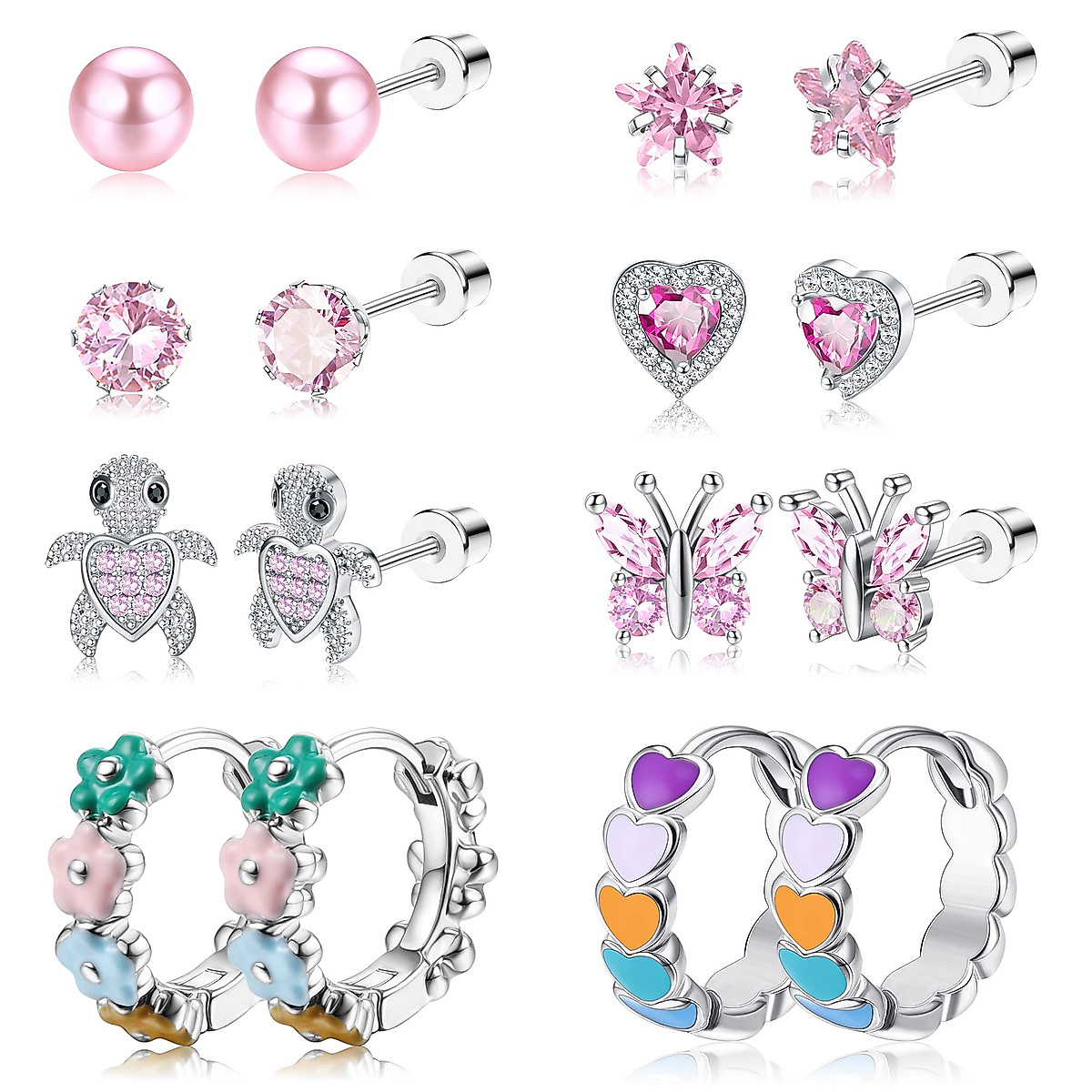 Jstyle 8 Pairs Hypoallergenic Screw Back Earrings for Girls Women 316L Stainless Steel Heart CZ Flower Butterfly Screwback Stud Earrings Cute Hoop Earring Set-Butterfly Style