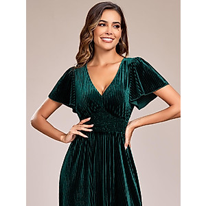 Ever-Pretty Women's Short Sleeve V Neck A Line Velvet Midi Dress Bridesmaid Cocktail Party Dresses Deep Green US6