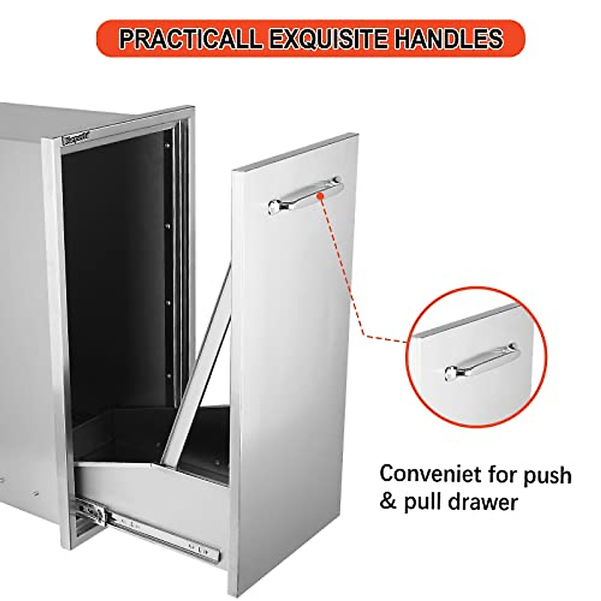 Karpevta Built-in Single Trash Drawer W14XD20XH27 Inch Pull-Out Tray Stainless Steel Trash Drawer with Handle for Outdoor Kitchen BBQ Island Trash Drawer Storage 10 Gallon Commercial Wastebasket