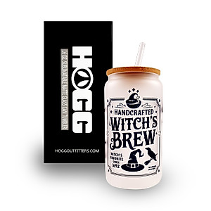 Hogg 16oz Halloween Glass Tumbler - Witch's Brew, Cute Halloween Cups, Halloween Tumbler with Lid and Straw, Spooky Gifts for Women and Adult Halloween Gifts, Witches Brew Cup, Witch Tumbler