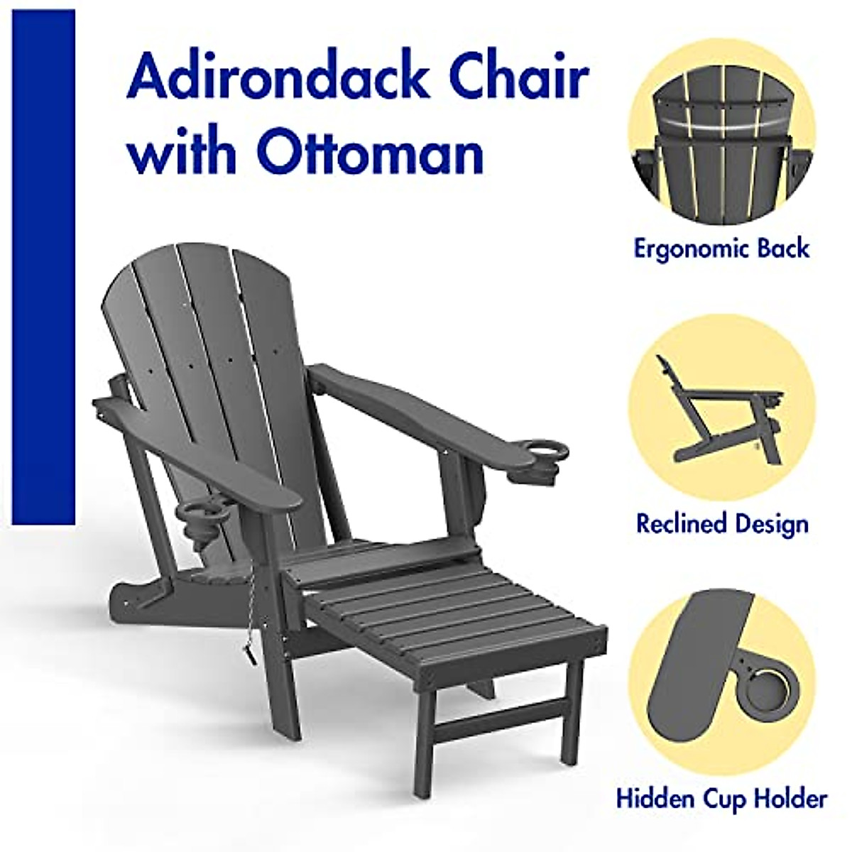 BRIOPAWS Folding Adirondack Chairs with Ottoman Set of 2, Weather Resistant HDPE Patio Chair w/Cup Holders & Retractable Footrest for Poolside Lawn Fire Pit Deck Outdoor Porch Campfire, Grey, 2 Pack