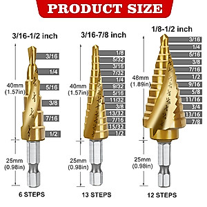Step Drill Bit Set - 3 Piece High Speed Steel Spiral Grooved Step Drill Bit for Metal Sheet Aluminum Wood Hole Drilling, 1/4" Hex Shank Unibit Step Bit for Faster Drilling 31 Size Cone Step Drill Bits