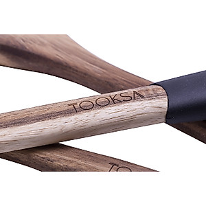 TOOKSA- Premium 5 Piece Acacia Multi-Toned Light and Dark Wooden Spoon, Turner and Spatula Utensil Set with Silicone, Rubber, Non-Slip Handles (Black)