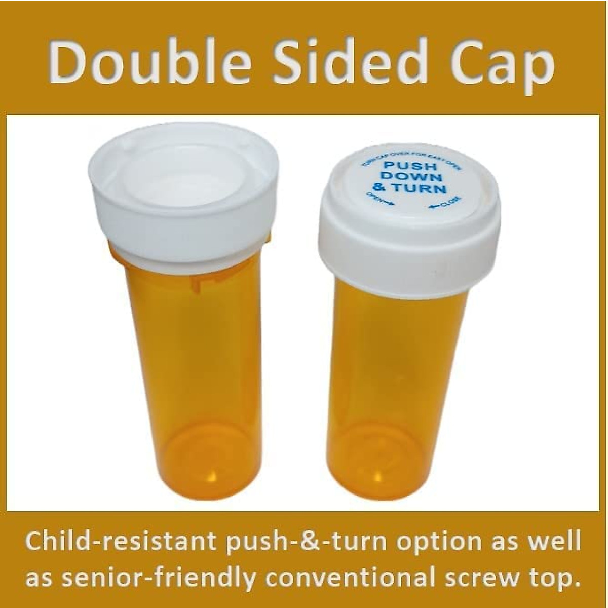 Empty Pill Bottle Vials 16 Dram (2 oz) with Push Down Caps [Pack of 5] Amber Pharmaceutical Prescription Dispensing Bottles with Safety lids with Child Resistant Caps - Plastic Medicine Bottles (5)
