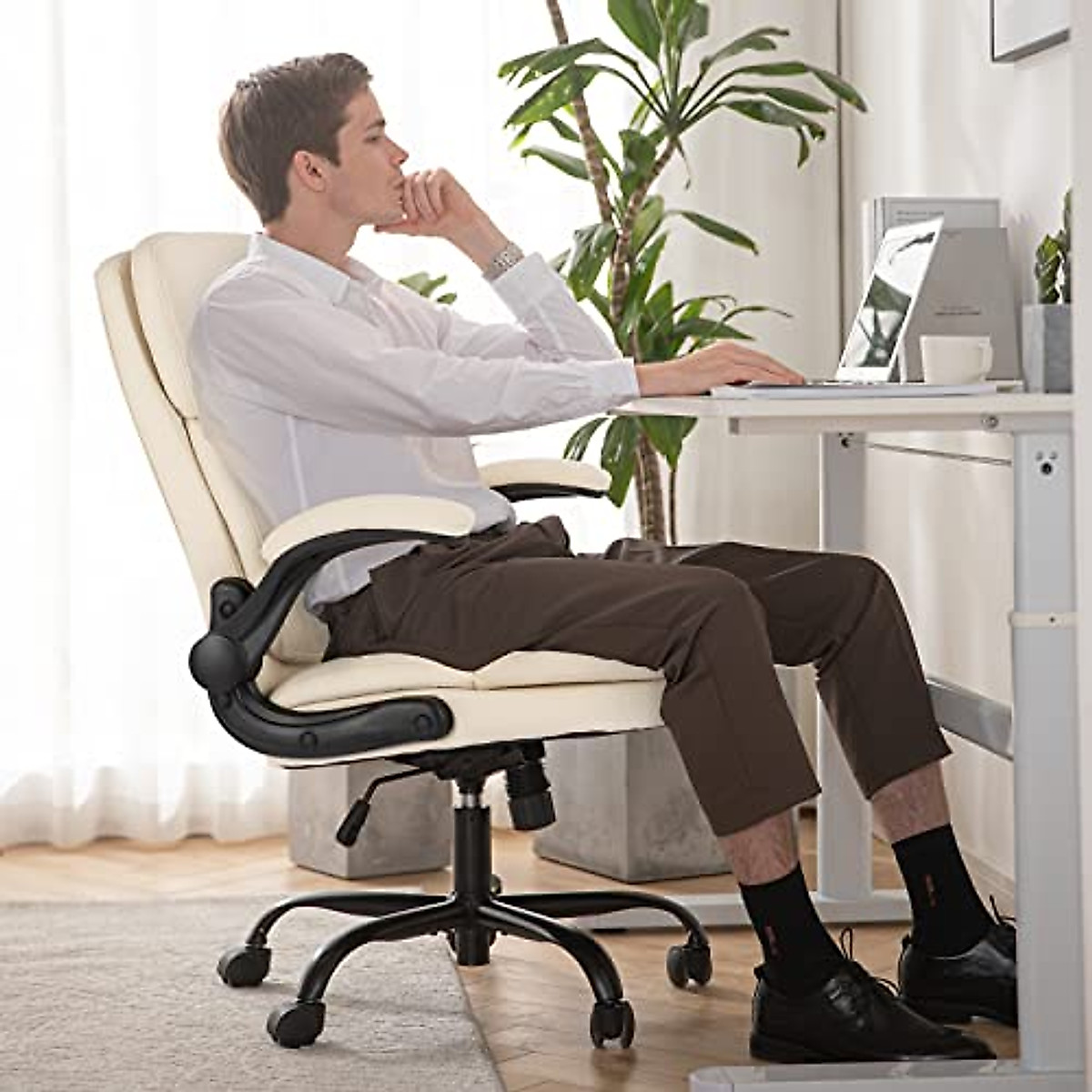 COLAMY Office Chair High Back Executive Computer Chair-Ergonomic Home Office Chair with Padded Flip-up Arms, Adjustable Height and Tilt Lock, Swivel Task Chair with Thick Leather for Comfort, Ivory