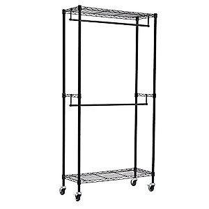 Amazon Basics Adjustable, Double Hanging Rod Garment Rolling Closet Organizer Rack - Black, 72 inches
