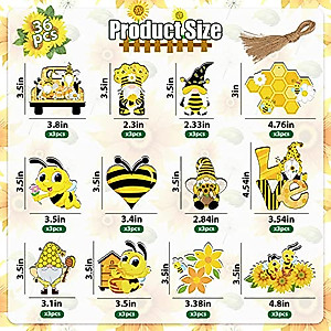 Summer Tree Decorations Bee Ornaments - 36pcs Bee Gnome Wooden Decor with Rope for Summer Home Bee Themed Tree Hanging Decorations
