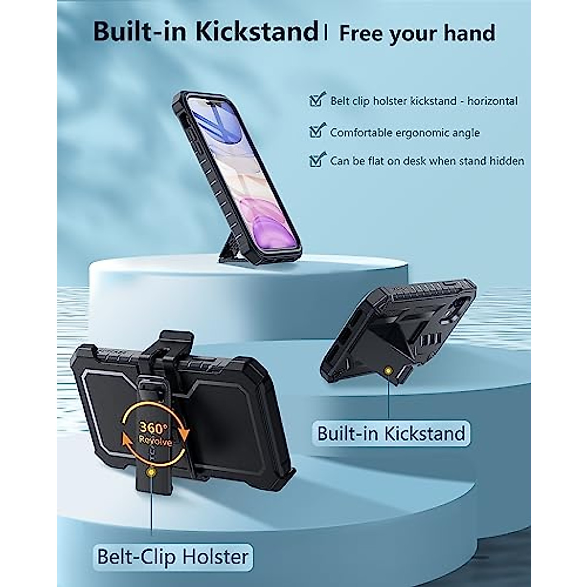 FNTCASE for iPhone 11 Phone Case: for iPhone XR Case with Kickstand & Holster Shockproof Military Grade Protective Cover - Dual Layer Full Protection Sturdy Matte Textured Drop Proof - 6.1 Inch Black