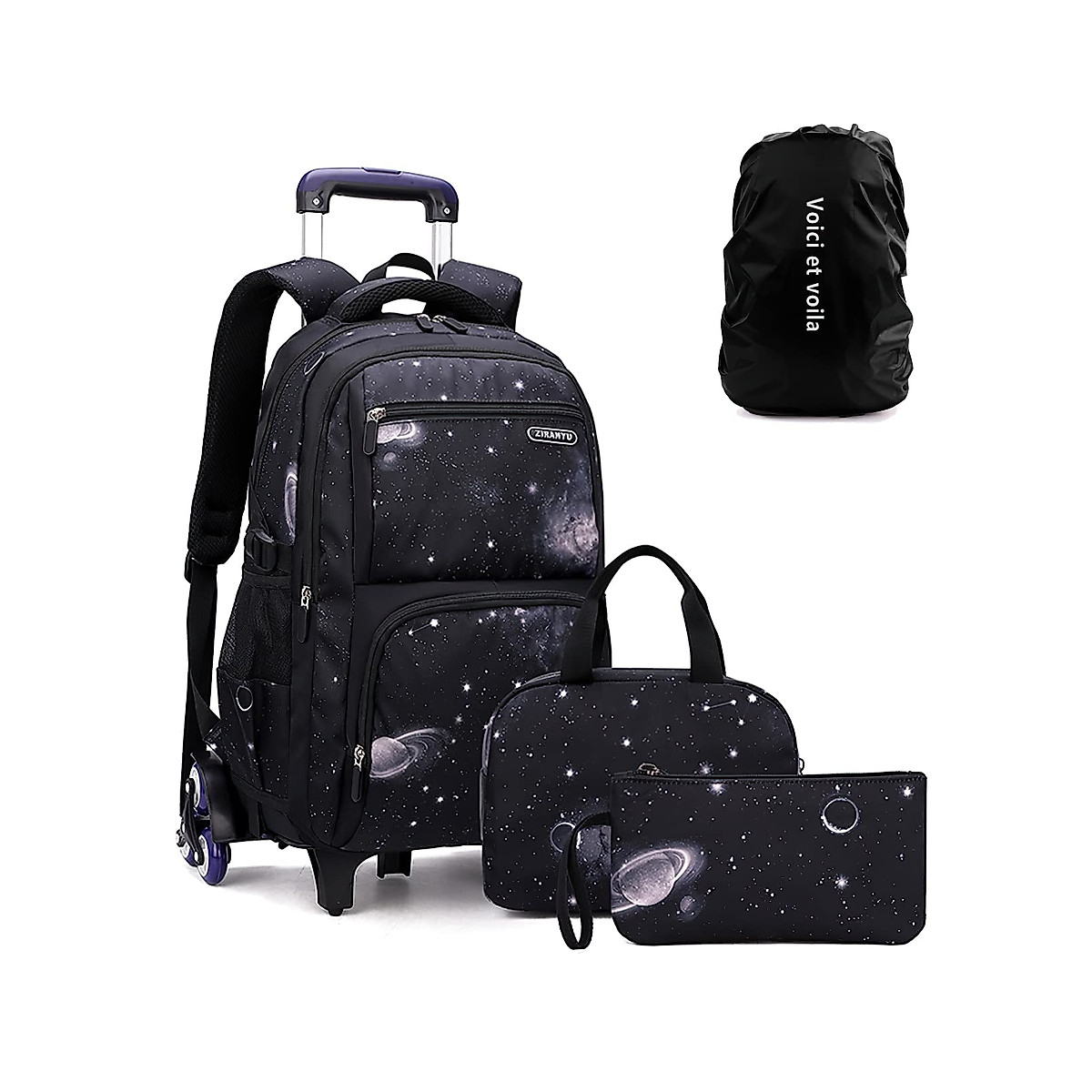 Voici et Voila Backpack with Wheels, Galaxy Trolley Schoolbag Kids Rolling Backpack with Lunch Box and Pencil Case Rolling Trolley Book Bag for Kids Boys