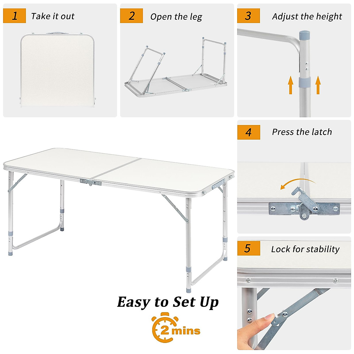 Outvita 4ft Portable Folding Camping Table, Outdoor Waterproof Adjustable Height Table, Aluminum Lightweight Suitcase Foldable Table for Picnic BBQ Beach Dining