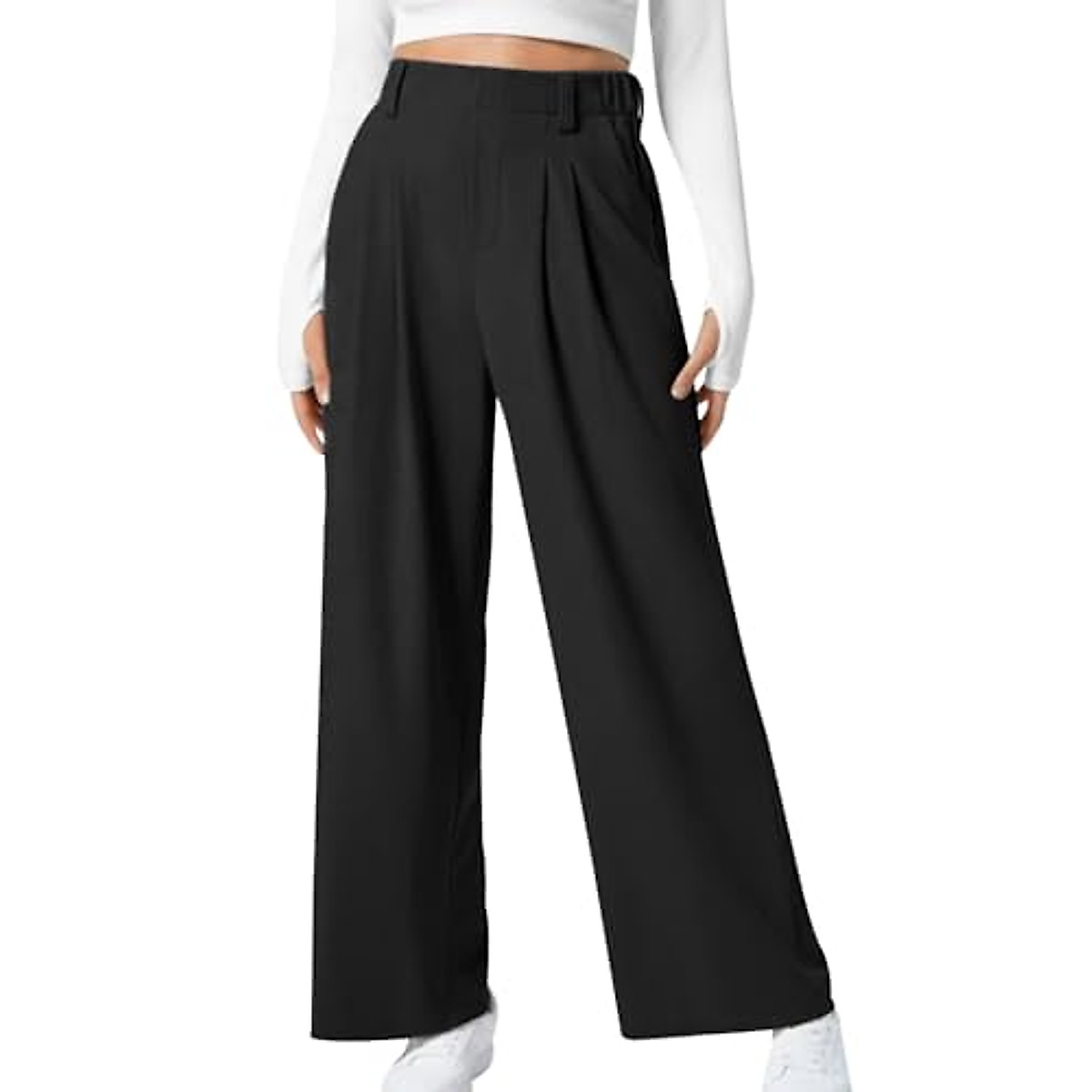 Ugerlov Womens Waffle Wide Leg Pants High Waisted Business Casual Pants Flowy Palazzo Trousers with Pockets, Black XL