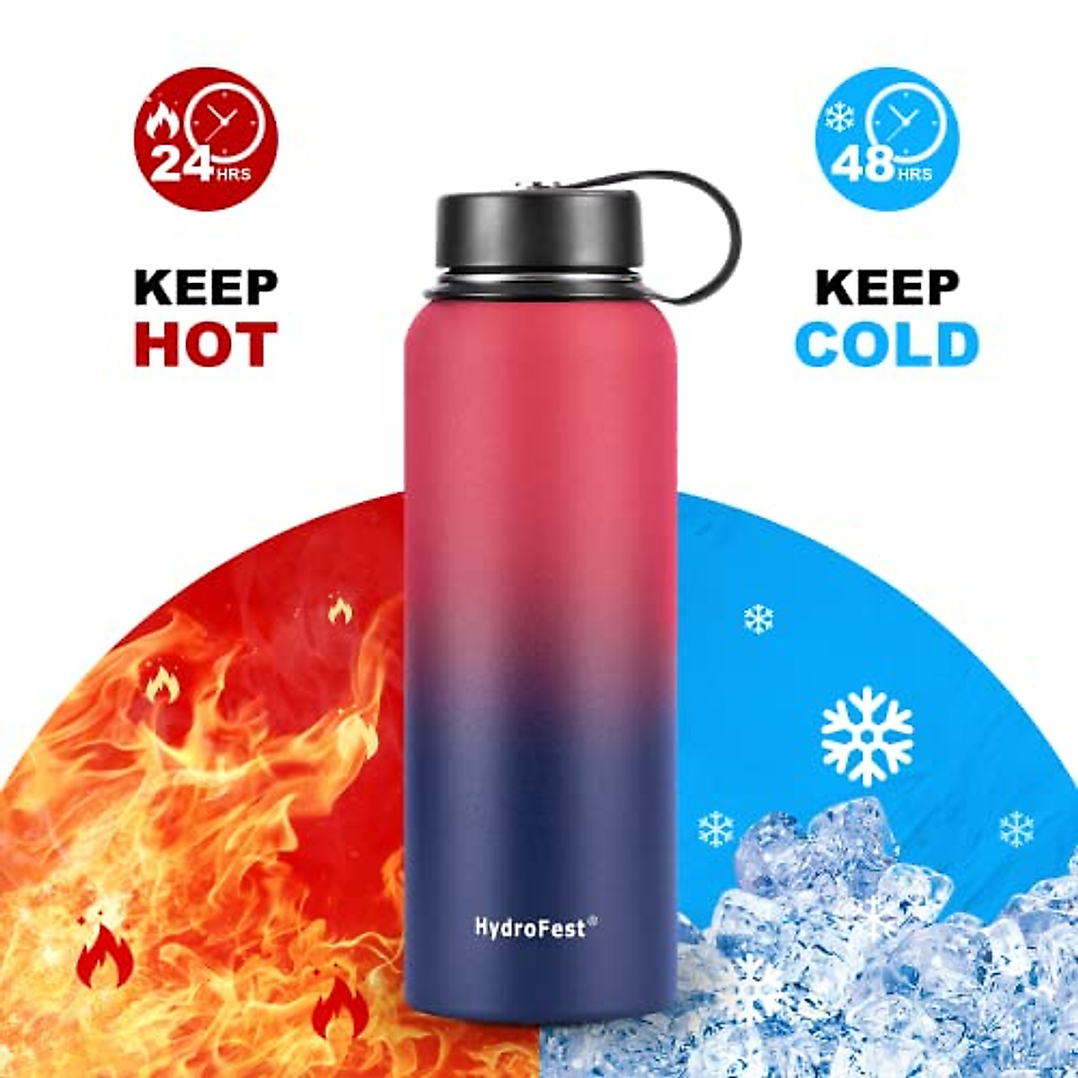 HydroFest Water Bottle with Straw, Thermos Water Bottle 40 oz, Wide Mouth Double Vacuum Stainless Steel Water Flask With Straw lid, Spout lid and Flex Cap, BPA Free & Leak Proof (Red/Blue)
