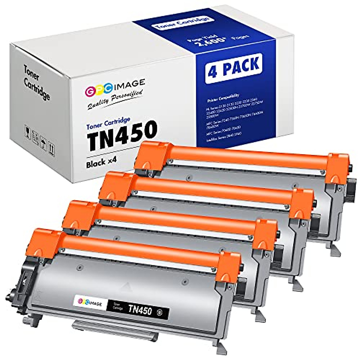 GPC Image Compatible Toner Cartridge Replacement for Brother TN450 TN-450 TN420 to use with HL-2270DW HL-2280DW MFC-7360N MFC-7860DW HL-2240 IntelliFax 2840 Printer Tray (4 Black)
