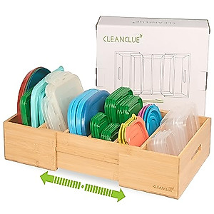 CLEANCLUE Expandable Kitchen Cabinet Organizer for Food Storage Container Lids, Bamboo Drawer Caddy Adjustable Dividers, Box for Kitchen Storage and Organization, Lids Organizer for Cabinet (Natural)
