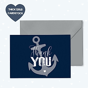 Paper Clever Party Anchor Thank You Cards with Envelopes for Bridal Shower, Wedding, Any Occasion, Blank Notecards Boys Baby Shower, 20 Pack