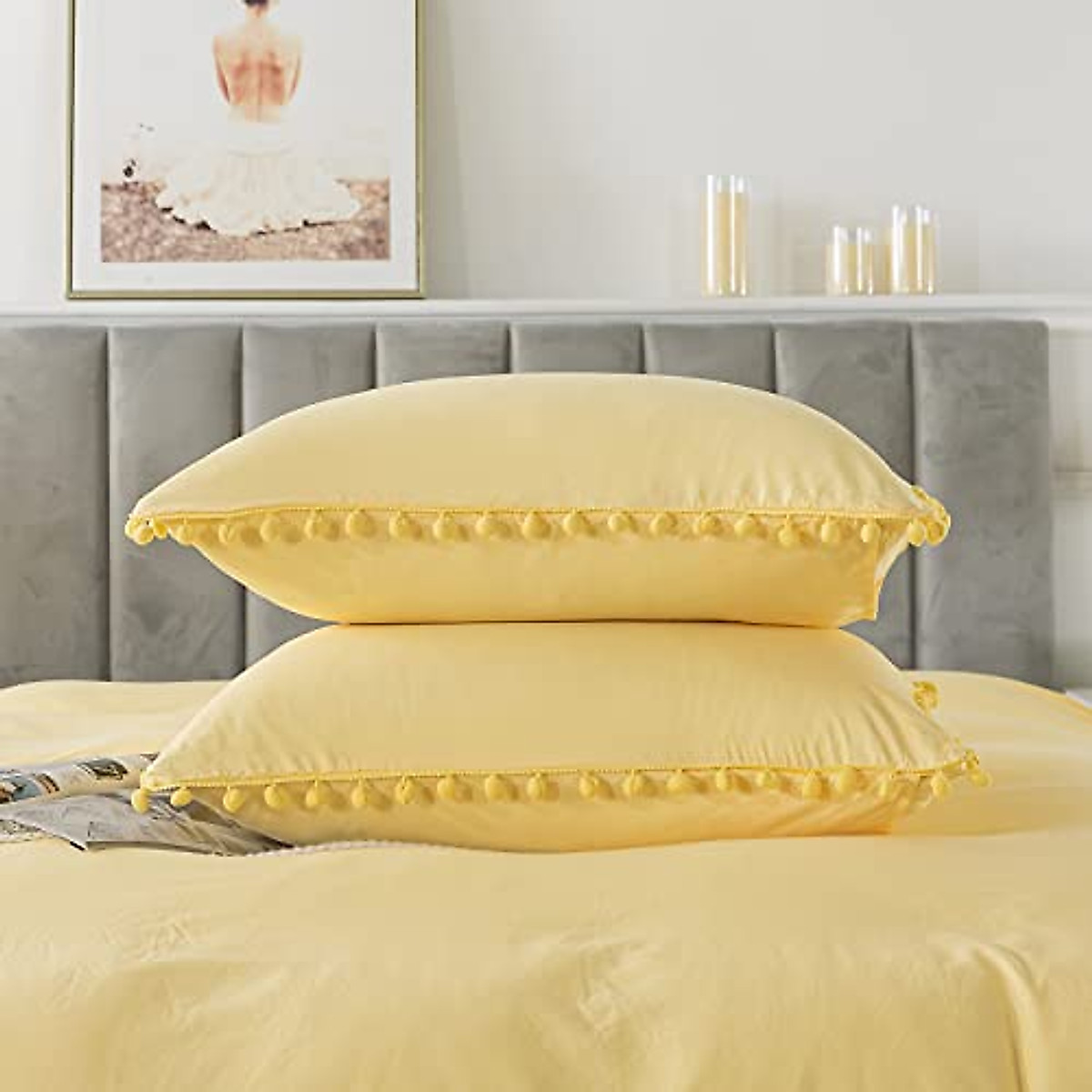 Caressma Pom Pom Fringe Boho Duvet Cover Set Queen Size, Soft Washed Microfiber 3pcs Bedding Duvet Cover, All Season Yellow Comforter Cover Set with Zipper Closure (1 Duvet Cover+2 Pillowcases)