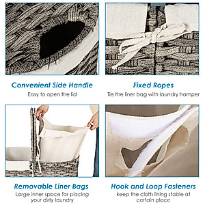 Giantex Double Laundry Hamper with Lid, Oval Laundry Basket with 2 Removable Liner Bags, Portable Handwoven Clothes Sorter Bin for Living Room Bedroom Laundry (Gray)