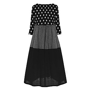 iQKA Vestido Womens Plus Size Vintage Bohe Wave Point Print Loose Long Dress Long Sleeve O-Neck Maxi Dress M-5XL Black