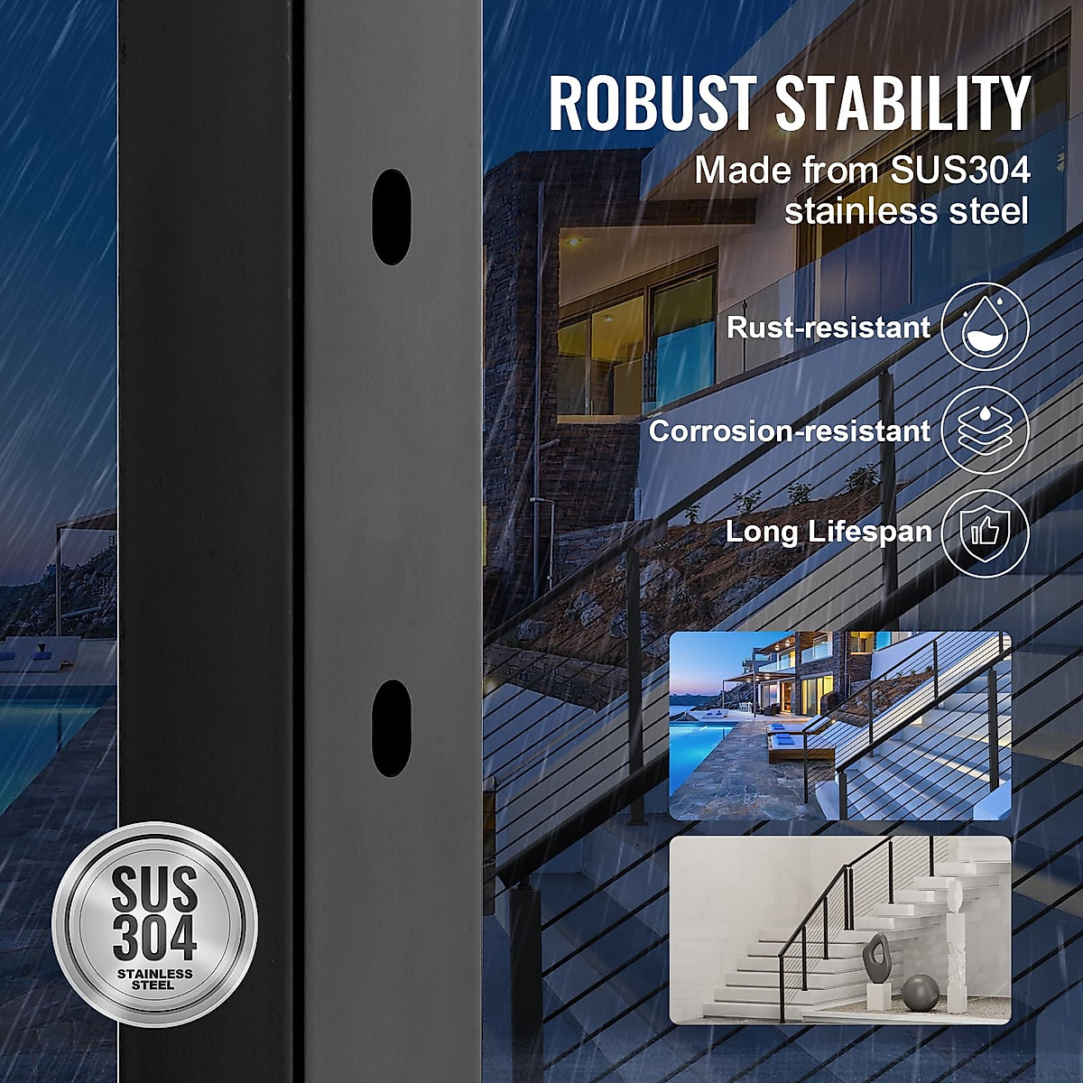 VEVOR Cable Support Post, 42" Height, 2" Width, Steel with 30° Angled Holes for Stairs, 12 Holes Pre-Drilled, Made of SUS304 Stainless Steel, Includes Horizontal/Curved Bracket, Single Unit, Black