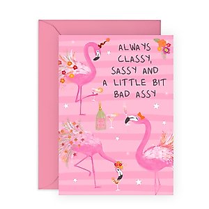 CENTRAL 23 Birthday Card for Female Friends - Classy, Sassy and A Little Bit Bad Assy - Pink Flamingo Greeting Card for Women - Funny Gifts for Sister Girlfriend Daughter - Comes with Stickers