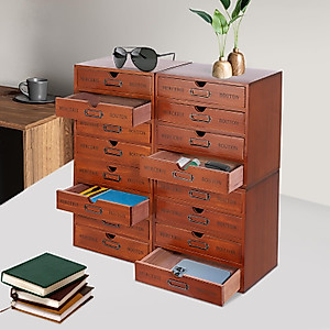 KWCWB 16-Drawer Wooden Desk Organizer, Stackable 4Pcs 4-Slot Apothecary Cabinet with Drawers Desk Organizer Wood,Vintage Library Card Catalog Cabinet with Label Holders Wooden Drawer Unit