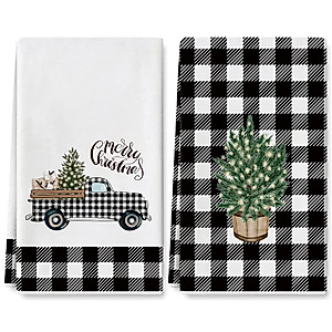 AnyDesign Merry Christmas Kitchen Towel White Black Buffalo Plaids Dish Towel Rustic Xmas Tree Truck Tea Towel Farmhouse Hand Drying Towel for Cooking Baking, 18 x 28, 2 Pack
