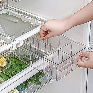 Yesland 2 Pcs Fridge Drawer Organizer with Handle and 4 Divided Sections - Pull-out Refrigerator Storage Drawers Bins and Refrigerator Storage Box - Clear Container for 0.6'' Fridge Shelf