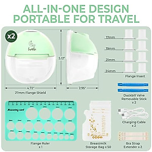 Lumbi L1 Hands-Free Breast Pump Set - Hospital Grade - 17/19/21/24 Silicone Insert Flanges & 27mm Silicon Flange, 50 Milk Bags, 3 Quiet Modes 9 Levels, LED Display, Custom Shut Off Timer, Flange Ruler