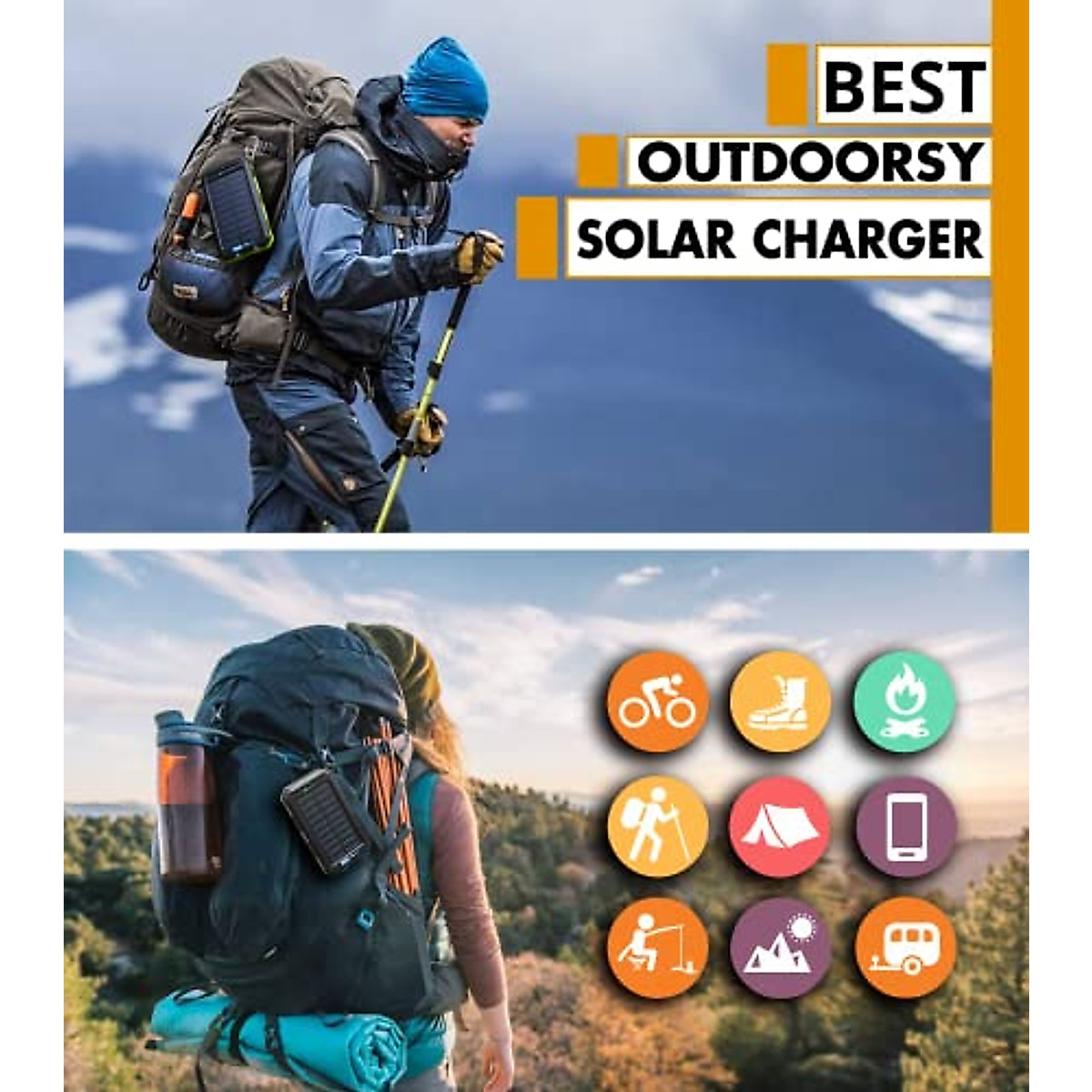 Solar Charger Power Bank 20000mAh, Portable Solar Pone Charger with Compass,Carabiner, Whistle,Flashlights,Solar Panel Charger,Camping Gear Accessory (Blue)