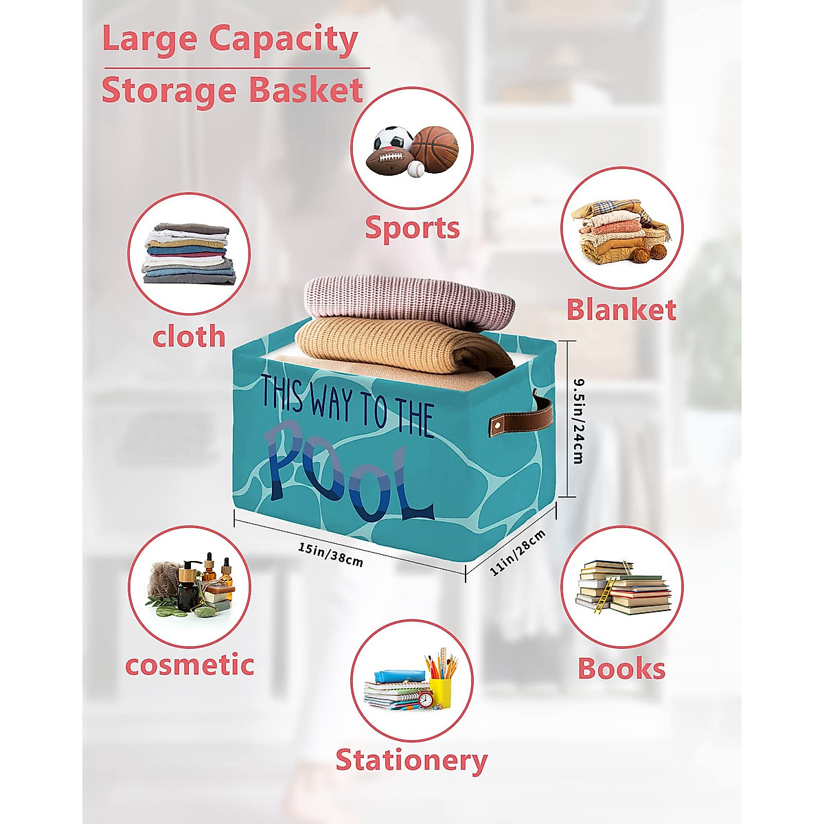 Blue Beach Storage Basket Waterproof Cube Storage Bin Organizer with Handles, Summer Seaside This Way to The Pool Collapsible Storage Cubes Bins for Clothes Books Toys 15"x11"x9.5", 1 Pcs