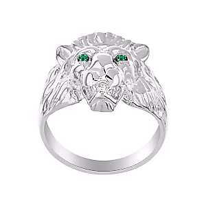 Rylos Conversation Starter Diamonds & Emerald Eyes & Mouth of this Fabulous Lion Head Ring Set in Sterling Silver Size 10