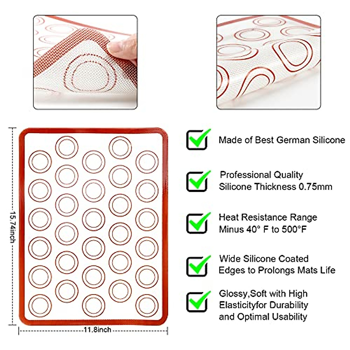 Rolling-Pin-Silicone-Baking-Mats-Set, Nonstick Dough Rolling Pastry Mat for Cookie Macaroon Pie Crust Pizza, Heat-resistant Silicone Baking Sheets for Oven, Silicon Macaroons Baking Mats