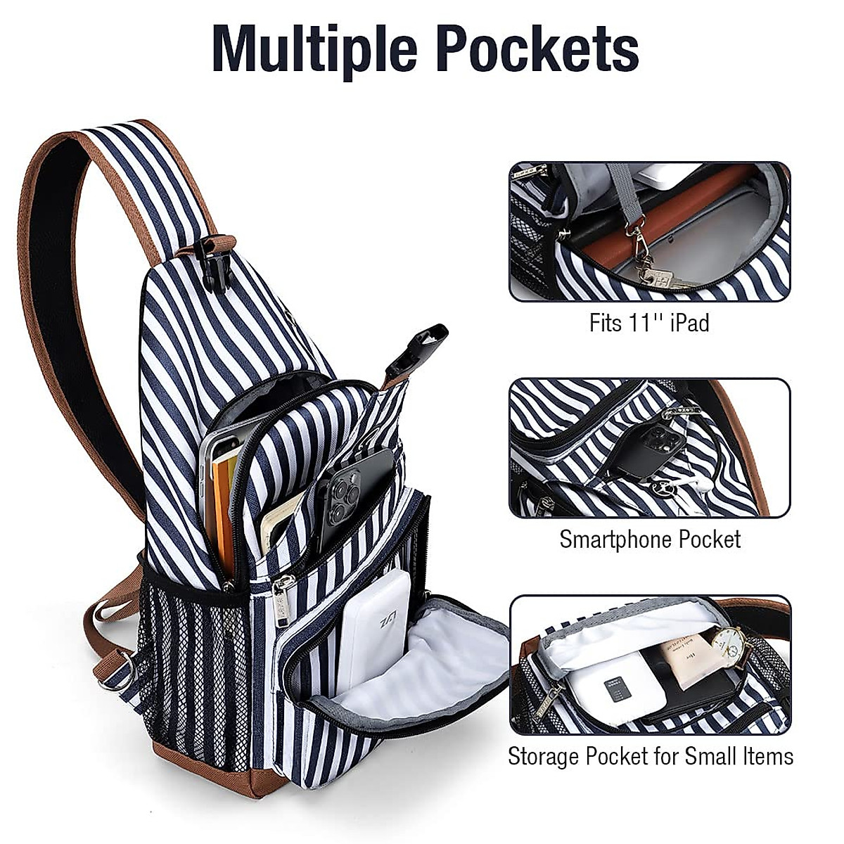 Lekebobor Sling Bag Crossbody Sling Backpack Travel Hiking Chest Bag Daypack,Blue Striped Large.