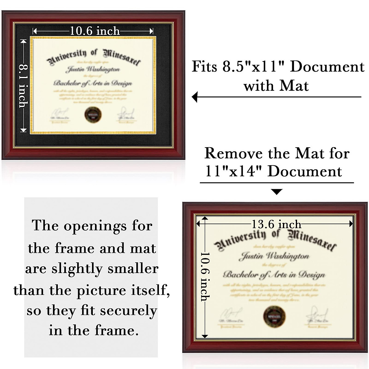 Minesaxel 11x14 Diploma Frame with 8.5 x 11 Opening Black Mat, Display 8.5x11 Degree Certificate Document, Wall Mount or Tabletop Display(Cherry Red)