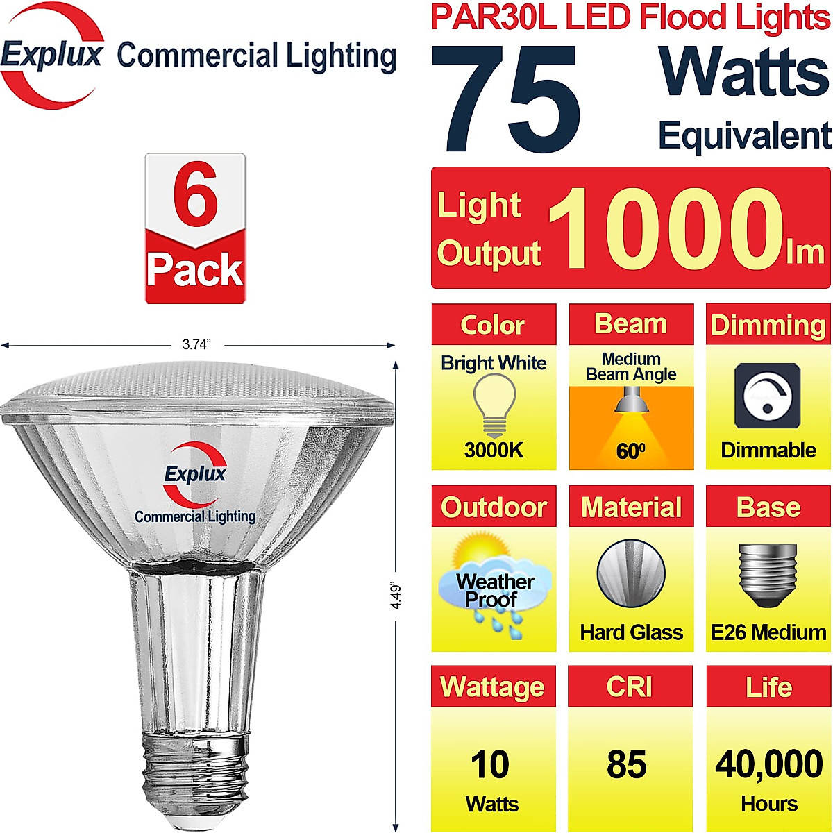 Explux Commercial-grade LED PAR30 Flood Light Bulb, 75W Equivalent, 40000 Hours, Dimmable, Full-glass Waterproof & Anti-Ageing, Bright White 3000K, 6-Pack