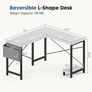 DUMOS L Shaped Computer Desk Wood Corner PC Gaming Table with Side Storage Bag for Home Office Small Spaces