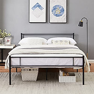 VECELO Queen Size Metal Bed Frame with Headboard and Footboard, 12'' Under-Bed Storage & Strong Slats Support, No Box Spring Needed