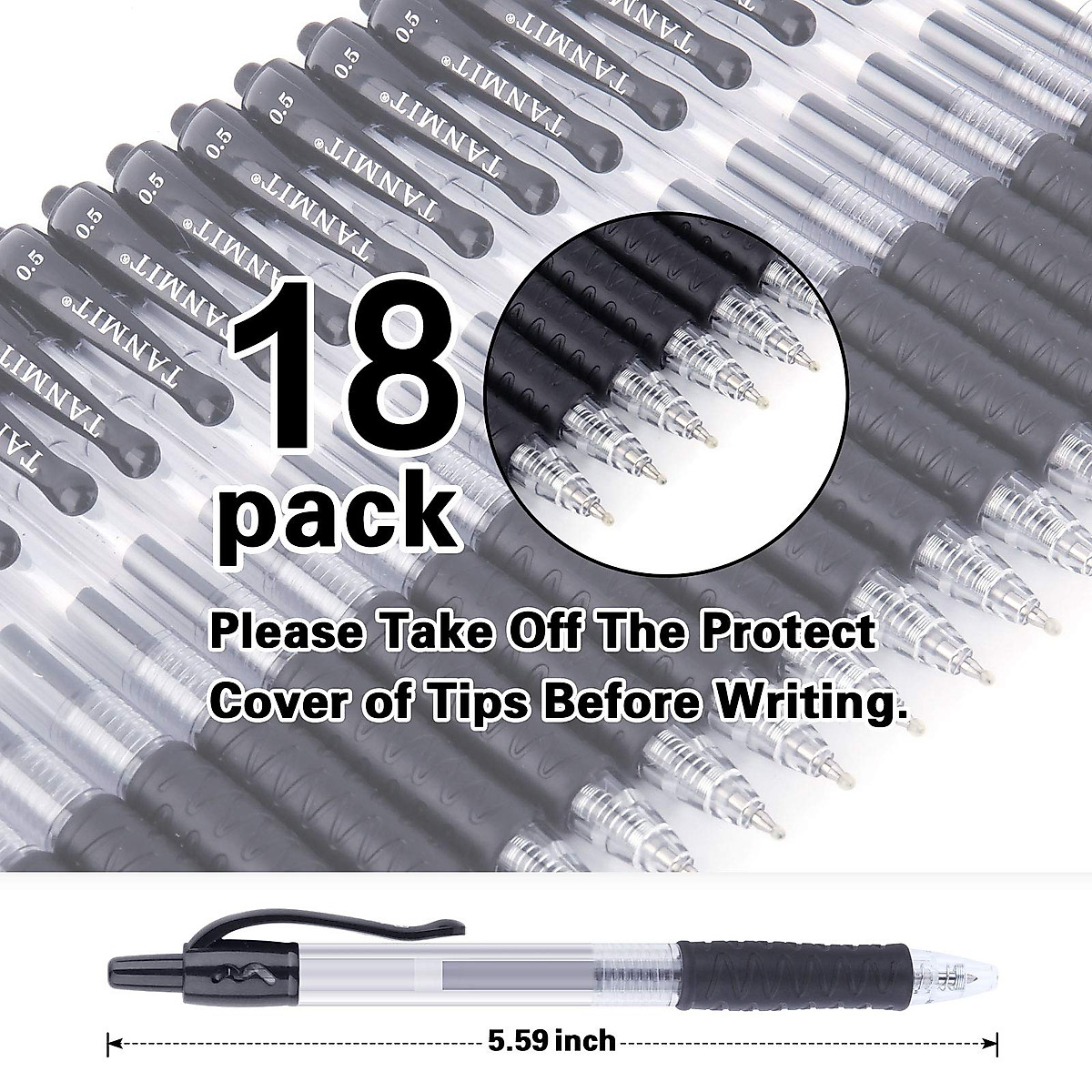 Tanmit Gel Pens Retractable Black Ink Rollerball Pens, Fine Point Ballpoint Writing Pen for Office - 0.5mm Tips with Comfort Grip (18-Pack)