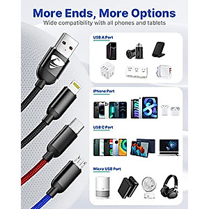 Multi Charging Cable, Multi Charger Cable Nylon Braided 3 in 1 Charging Cable Multi USB Cable Fast Charging Cord with Type-C, Micro USB and IP Port, Compatible with Most Phones & iPads (2 Pack 4FT)