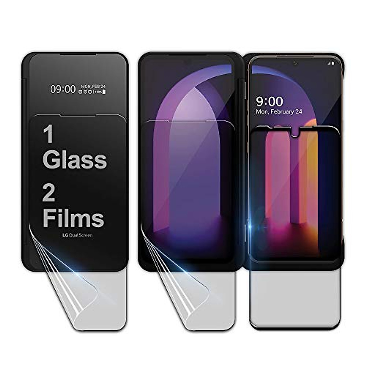 GOBUKEE [1GLASS+2FILM for LG V60 ThinQ 5G Screen Protector [1 Tempered Glass] + [2 PET Film Dual Screen Protector] 9H Hardness,Bubble Free,HD Clear Perfect Fit Compatible with LG V60 ThinQ