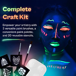 Neon Glow in the Dark UV Paint Kit - 8 Colors, Brushes, Paint Pallet, and Stencils - Self Luminous Acrylic Paints for Party Decor, Festivals, Body & Face Art - Blacklight Activated