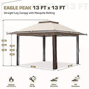 EAGLE PEAK 13x13 Pop-Up Gazebo Tent Instant w/Mosquito Netting，Outdoor Gazebo Canopy Easy Set-up Folding Shelter (Beige/Brown)