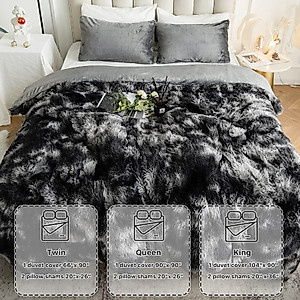 CHOSHOME Plush Shaggy Duvet Cover Queen Size, 3 PCS Fluffy Comforter Fuzzy Flannel Bedding Sets(1 Faux Fur Duvet Cover + 2 Pillowcases), Zipper Closure & 8 Corner Ties, Tie-Dye Dark Grey
