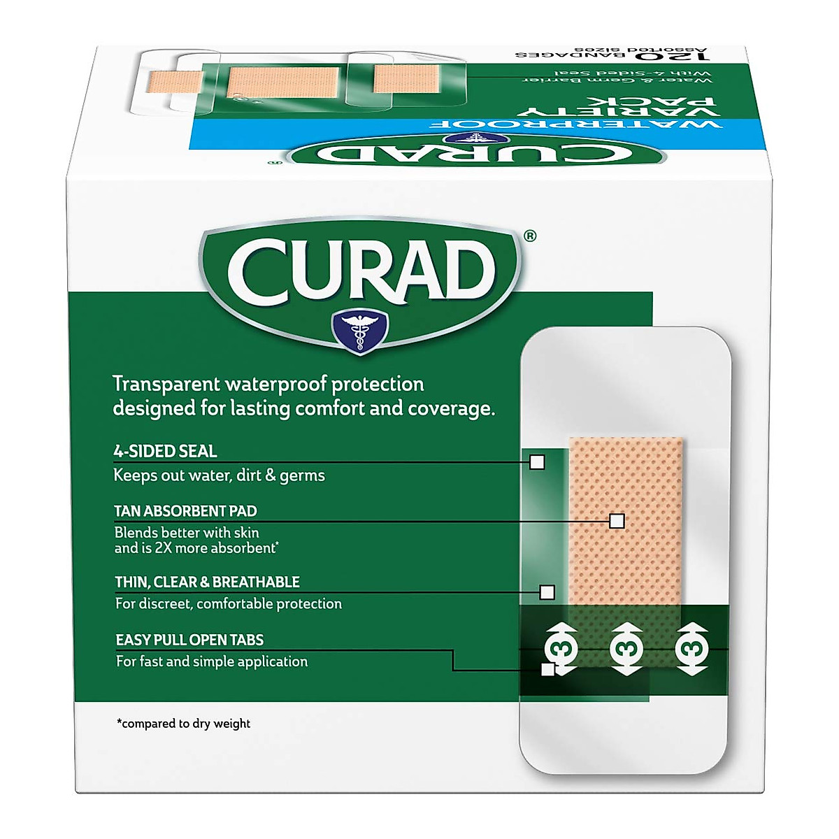 CURAD Waterproof Bandage Variety Pack, 3 Styles Included; Assorted Size, 120 Bandages