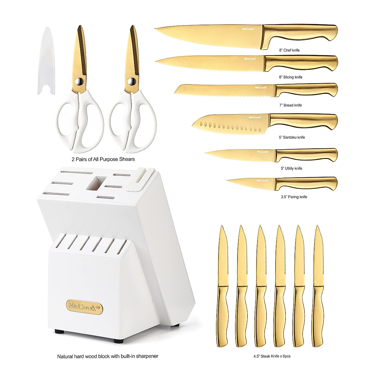 MC21G black Knife Sets of 15 + MCW12 Bamboo Cutting Board(Large, 17"x12"x1")