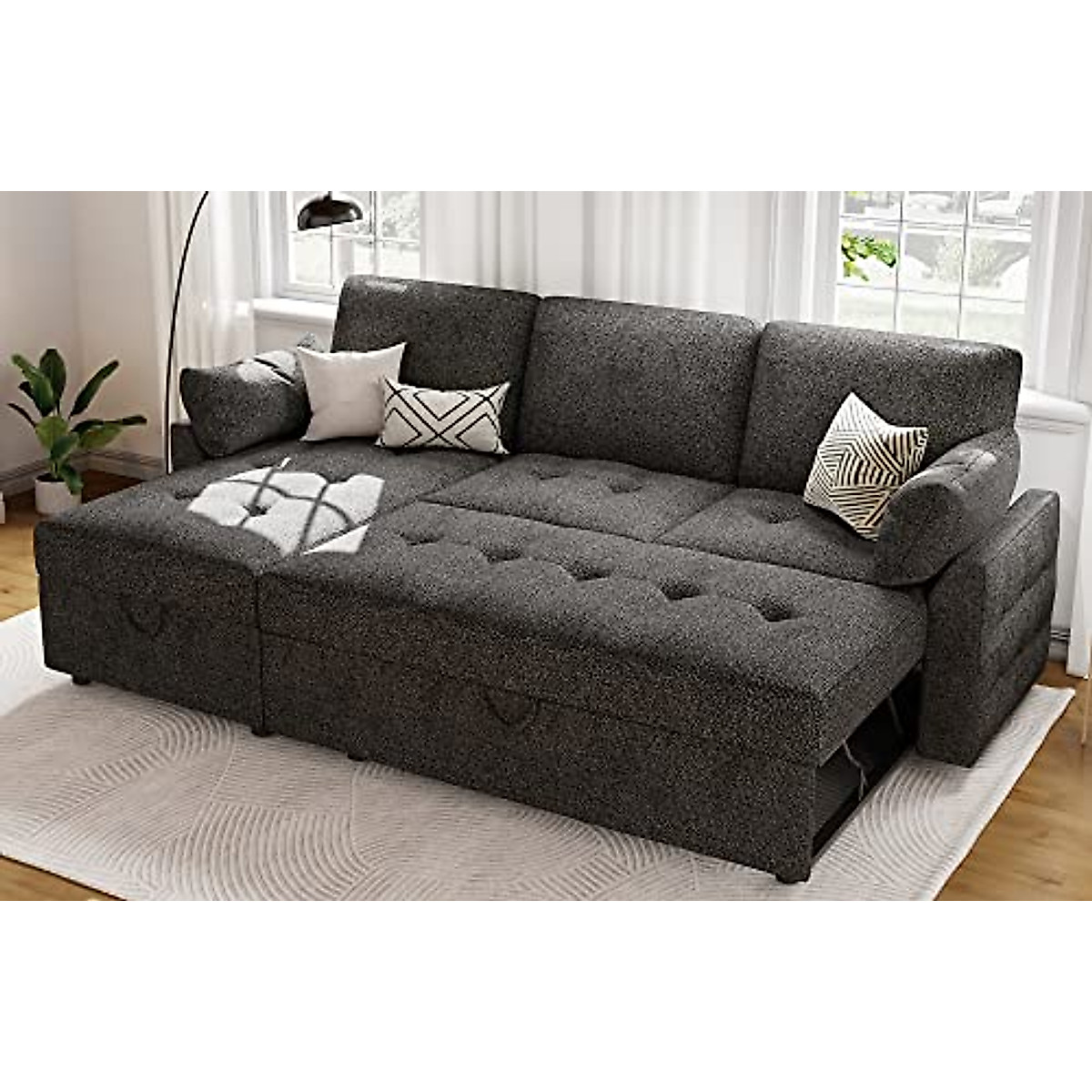 VanAcc Pull Out Sofa Bed, Modern Tufted Convertible Sleeper Sofa, Chenille Sleeper Sectional Couch Bed with Storage Chaise, L Shaped Sofa Couch for Living Room (Dark Grey)